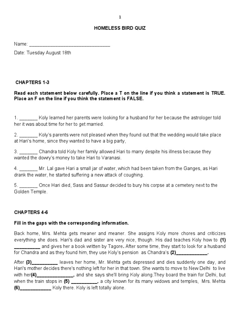 HOMELESS BIRD Quiz (Edited) | PDF