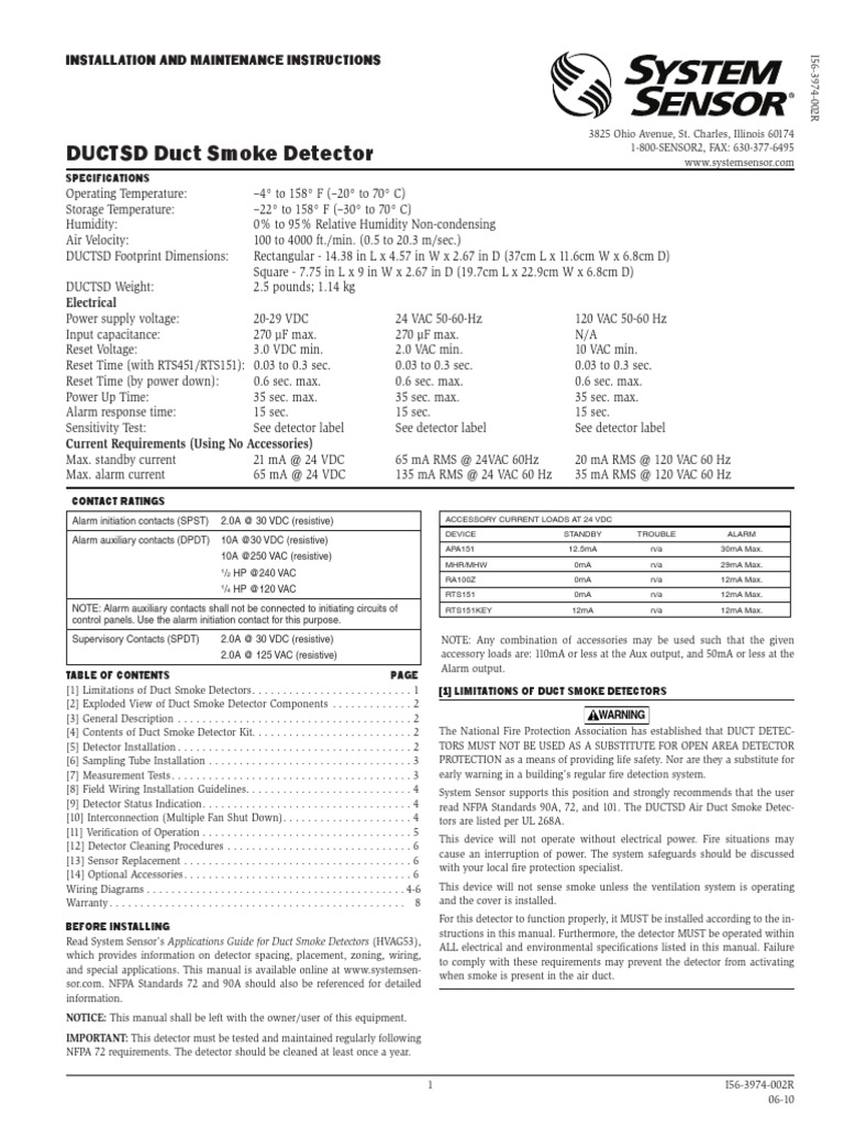 DUCTSD Duct Smoke Detector: Installation and Maintenance Instructions ...