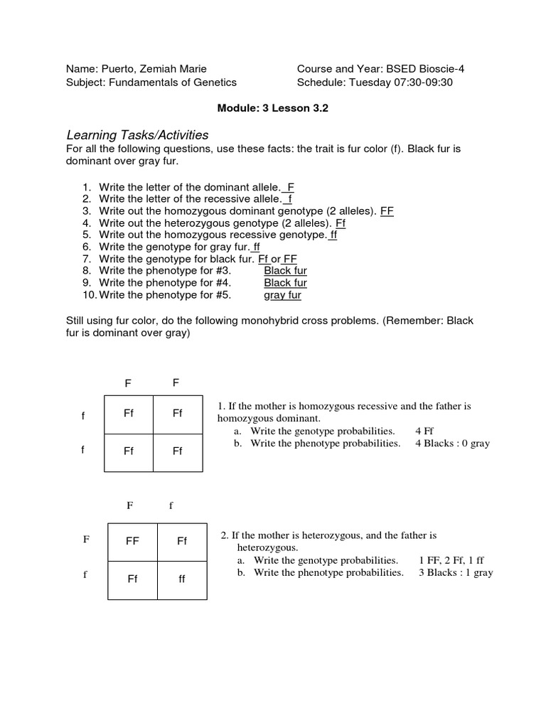 Learning Tasks/Activities: Module: 3 Lesson 3.2 | PDF | Zygosity ...
