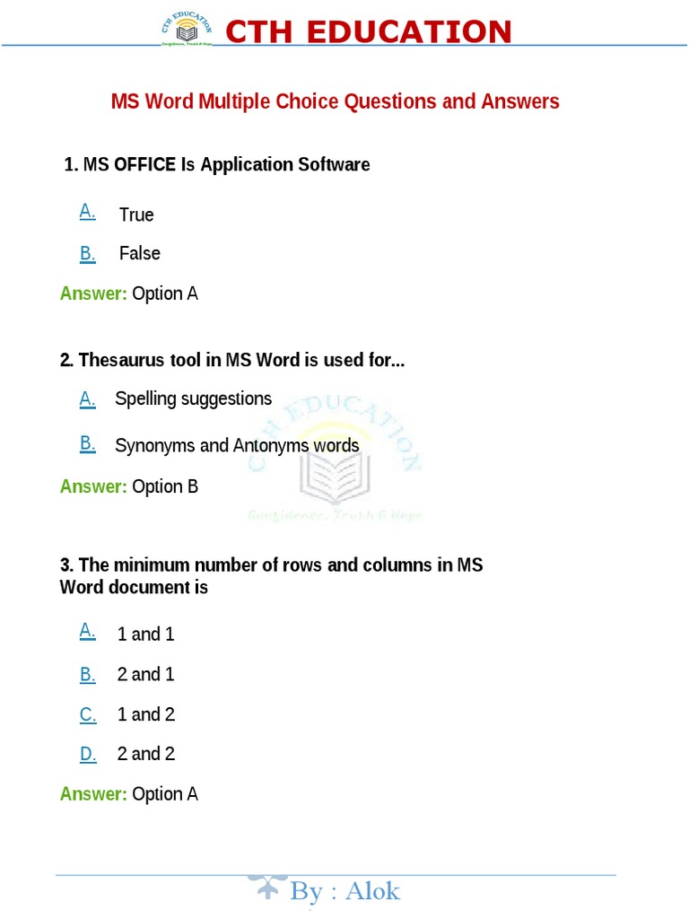 MS Word MCQs with Answers | PDF | Microsoft Word | Typefaces