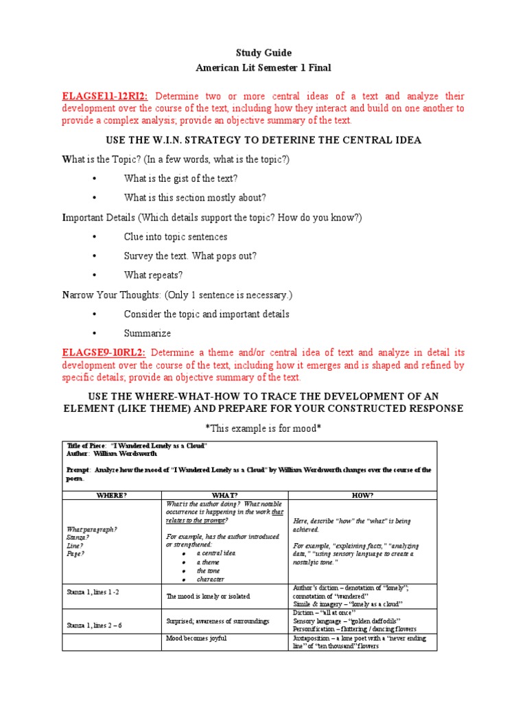 ELAGSE11-12RI2: Determine Two or More Central Ideas of A Text and ...