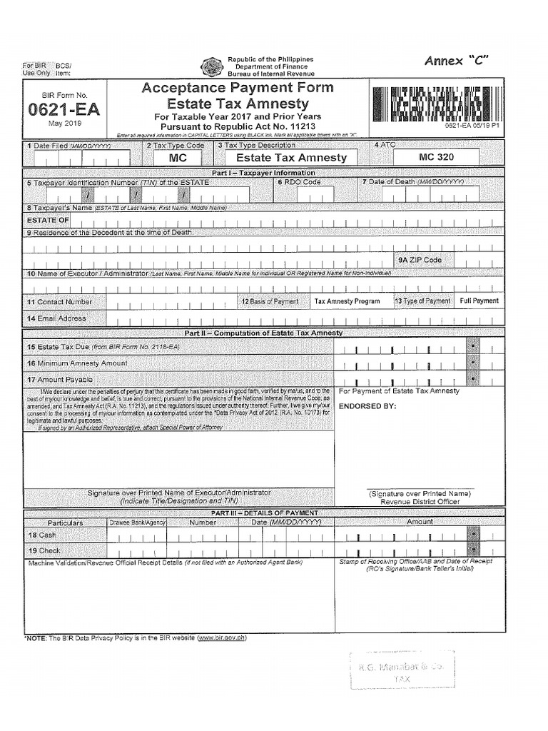 BIR Estate Tax Acceptance Form | PDF