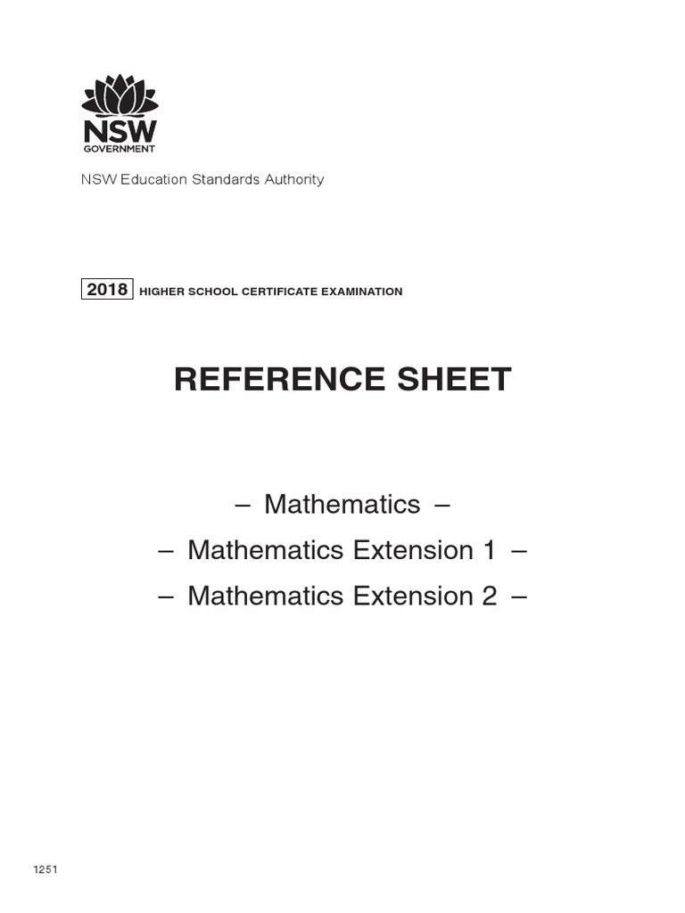 Reference Sheet: - Mathematics - Mathematics Extension 1 - Mathematics ...