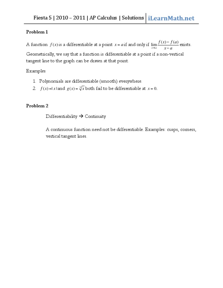 AP Calculus Differentiability Solutions | PDF