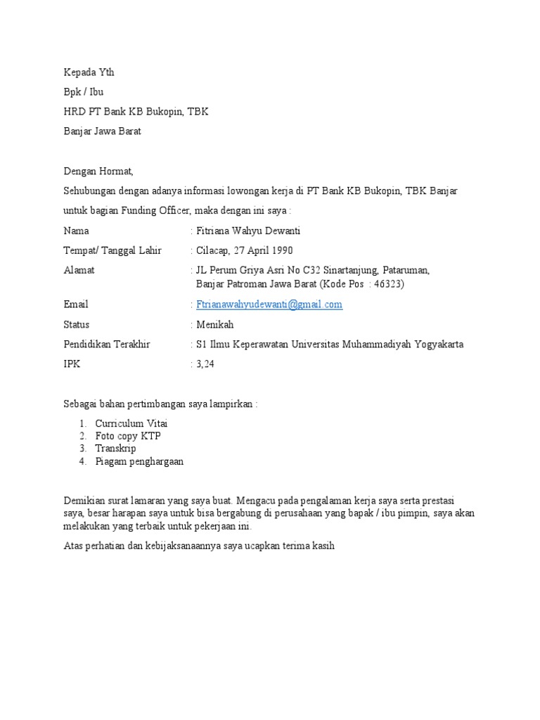 Surat Lamaran Fitriana Wahyu Dewanti Bank Bukopin | PDF | Gaya Hidup