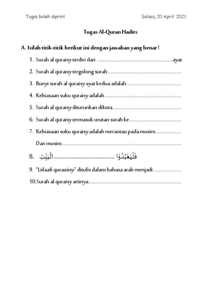 Latihan Soal Surah Al Quraisy | PDF