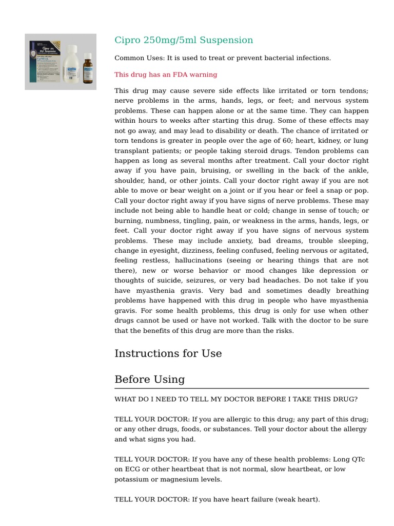 Cipro 250mg/5ml Suspension: Instructions For Use Before Using | PDF ...