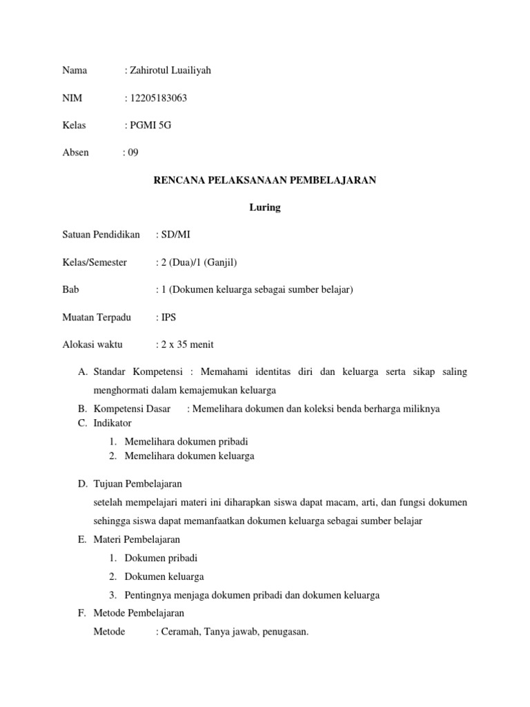 9 RPP IPS Kelas 2 Semester 1 Zahirotul Luailiyah (Luring) | PDF