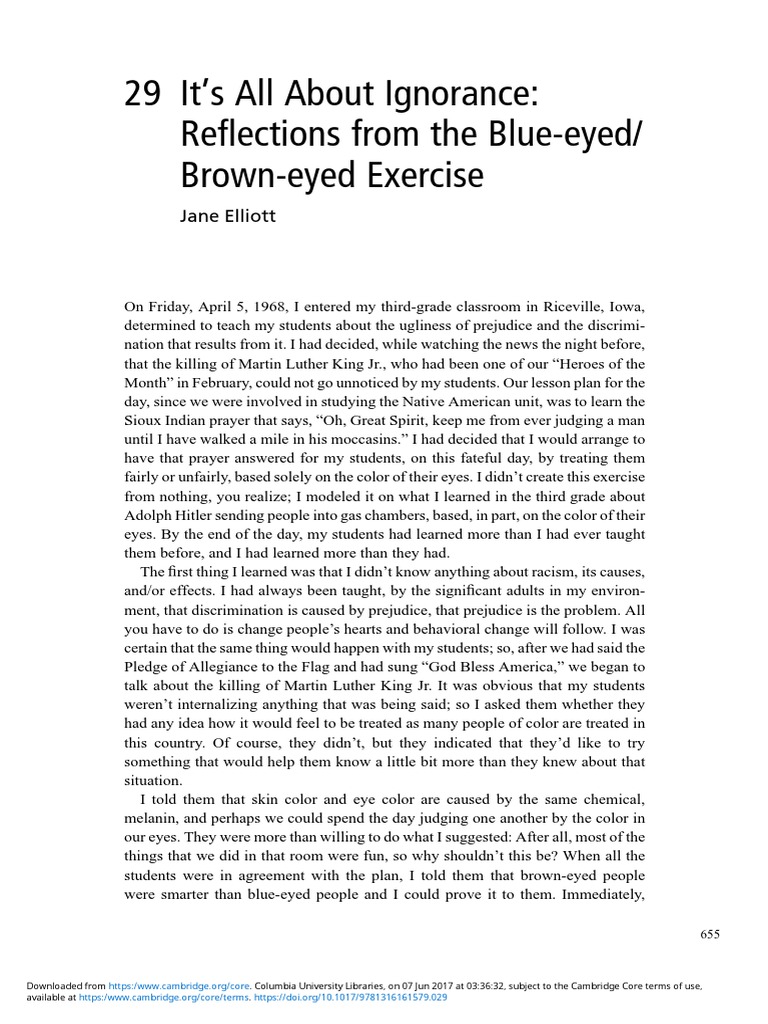 Elliot, Jane. Blue Brown Eye Experiment | PDF | Society | Discrimination