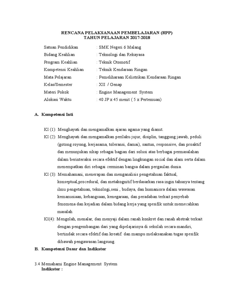 RPP PKKR KELAS XII TKR Engine Management System " (EMS) | PDF