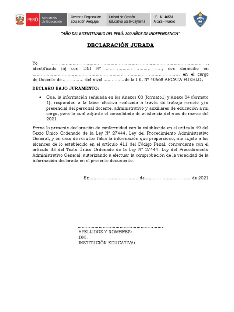 Declaración Jurada Del Docente | PDF