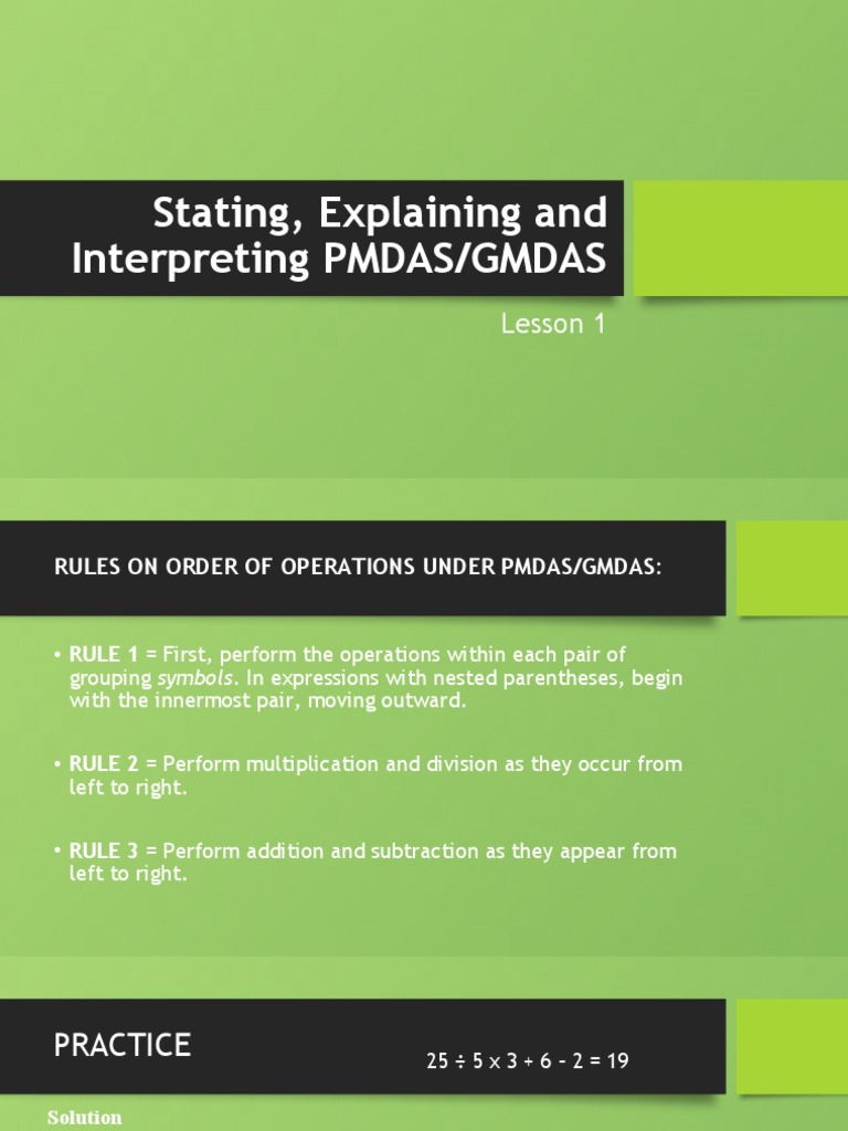 Lesson 1 - Stating, Explaining and Interpreting PMDAS - GMDAS | PDF ...