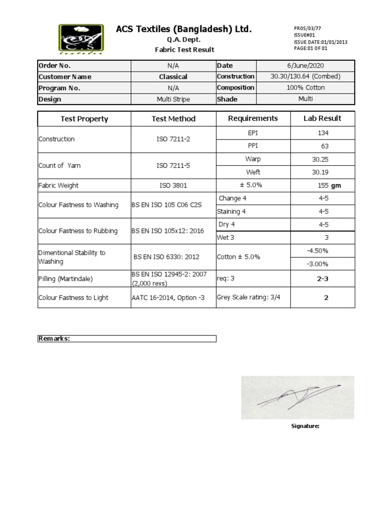 Fabric Test Result for Order from Classical Construction Program with ...