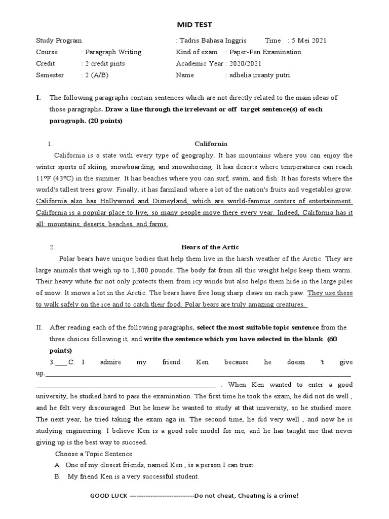 Mid Test: 1. California California | PDF | Old Age | Test (Assessment)