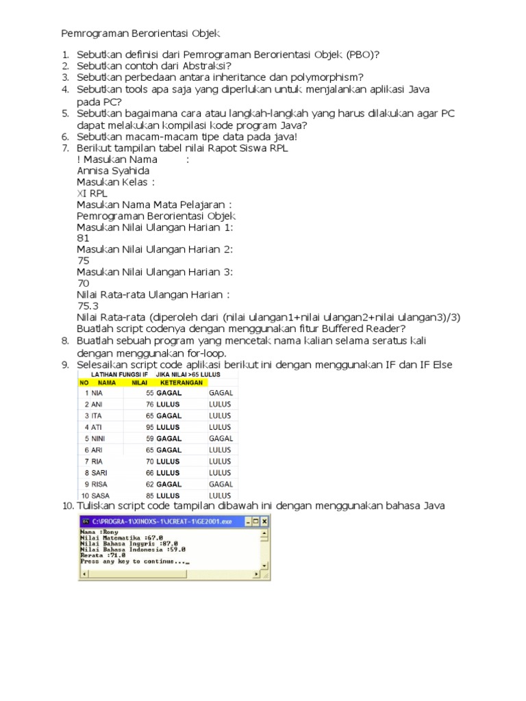 Soal Uts Pemrograman Berorientasi Objek Xi RPL Semester 1 | PDF