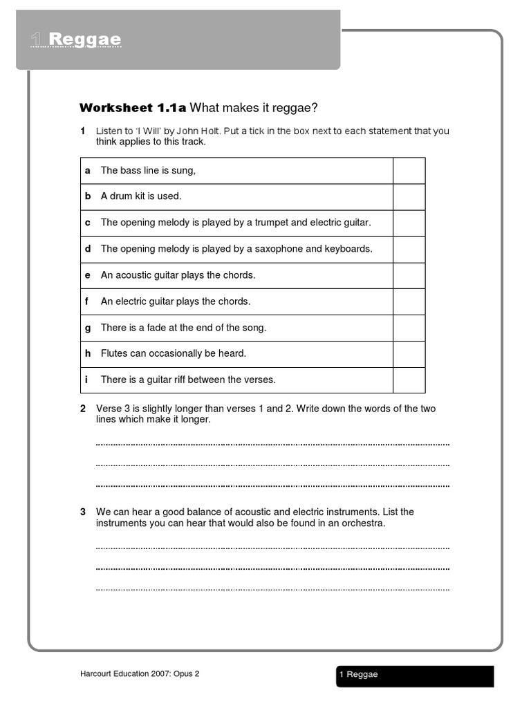 Reggae Music Analysis Worksheet | PDF