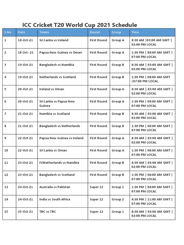 ICC Cricket T20 World Cup 2021 Schedule | PDF | Cricket | Teams