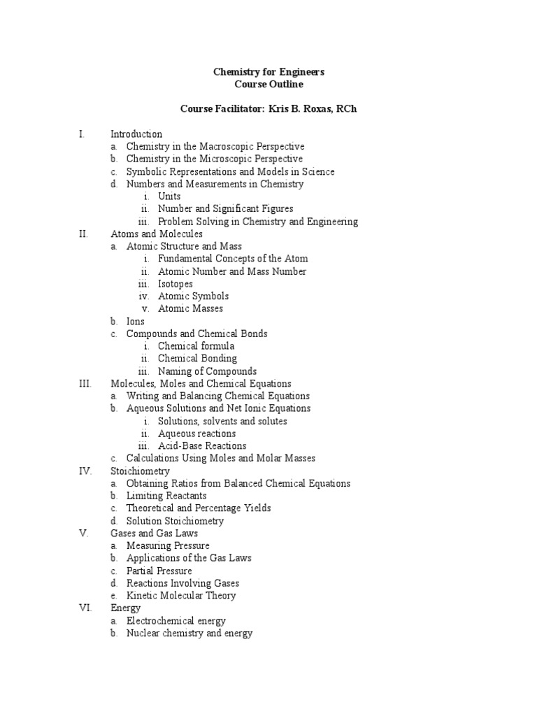 Chemistry For Engineers Outline | PDF