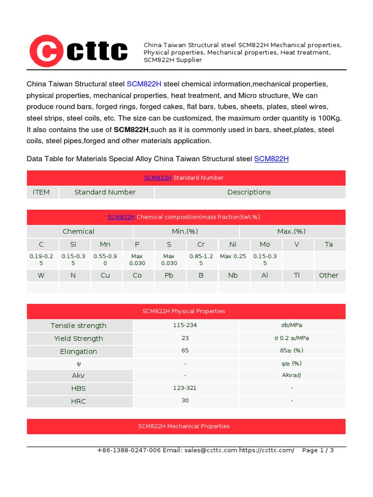 CCTTC - SCM822H Datasheet, Chemical Composition | PDF | Rolling ...
