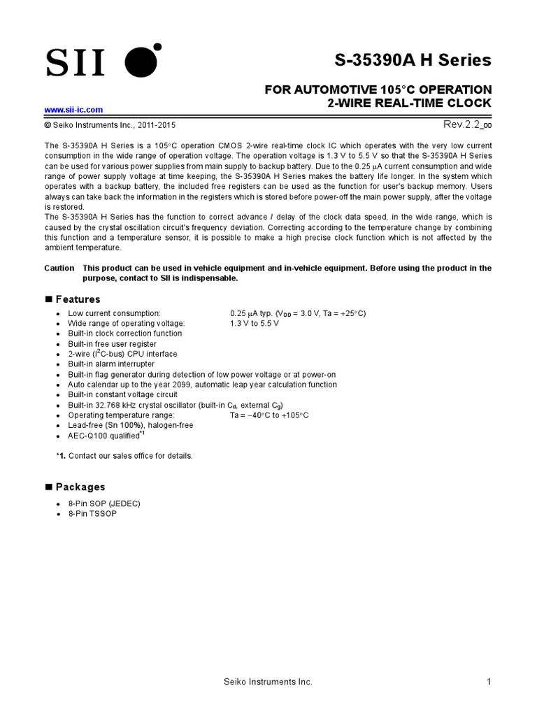 S-35390A H Series: For Automotive 105°C Operation 2-Wire Real-Time ...