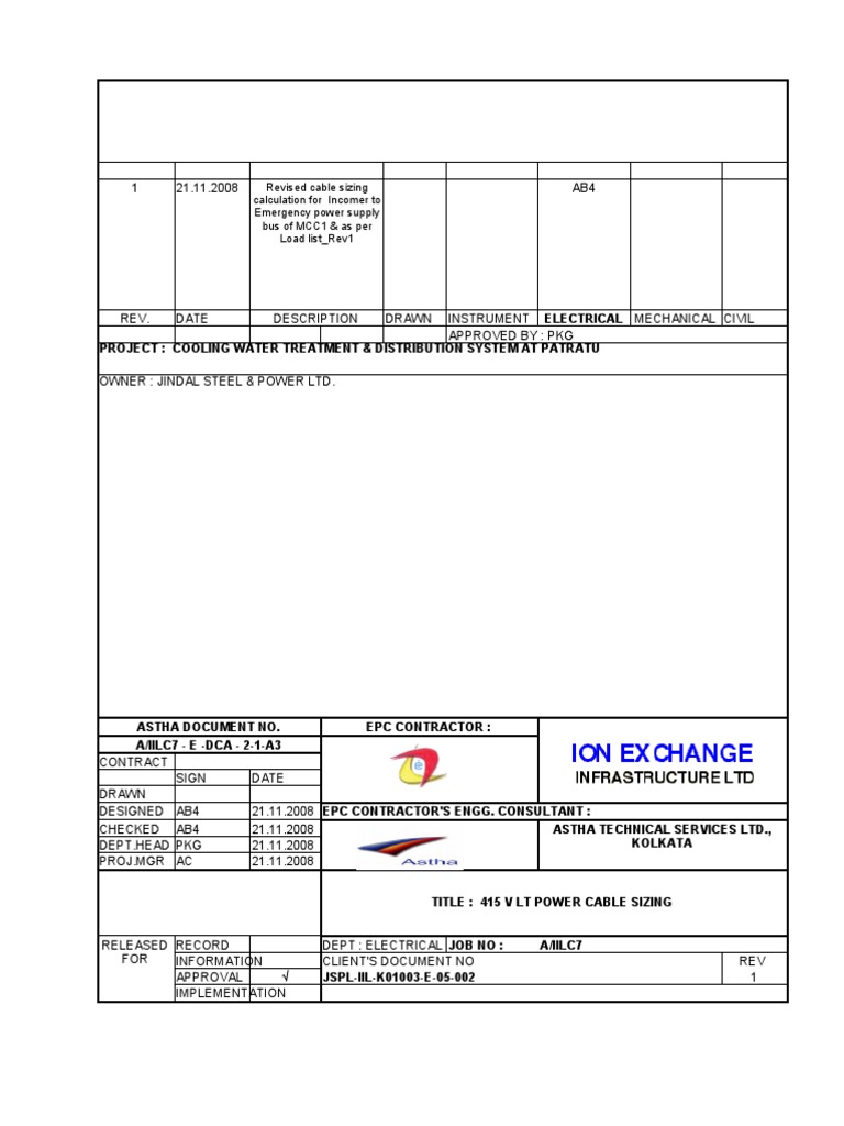 415V Power Cable Sizing Calculations | PDF | Electrical Resistance And ...