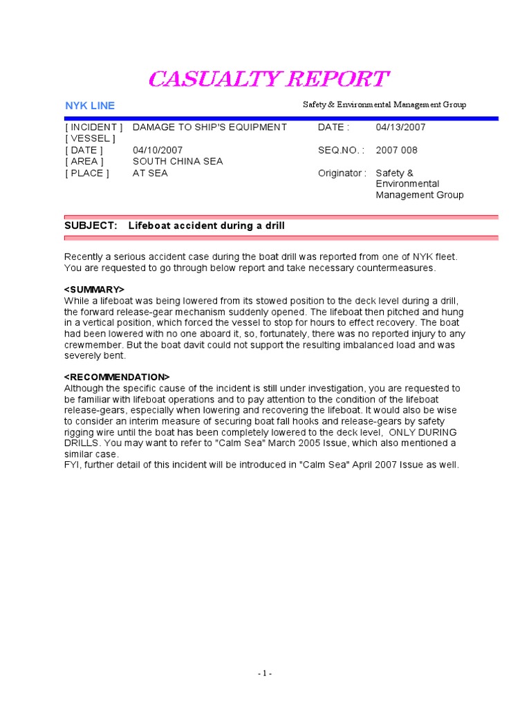 Nyk Line: SUBJECT: Lifeboat Accident During A Drill | PDF | Boats | Safety