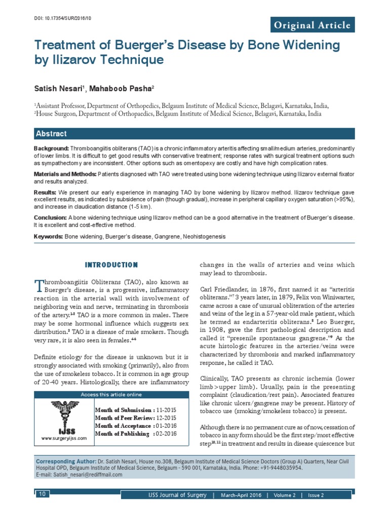 Treatment of Buerger's Disease by Bone Widening by Ilizarov Technique ...