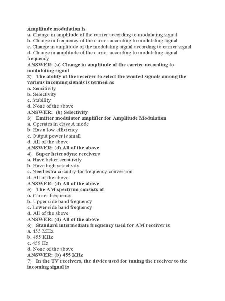Amplitude Modulation Mcq Pdf Frequency Modulation Modulation