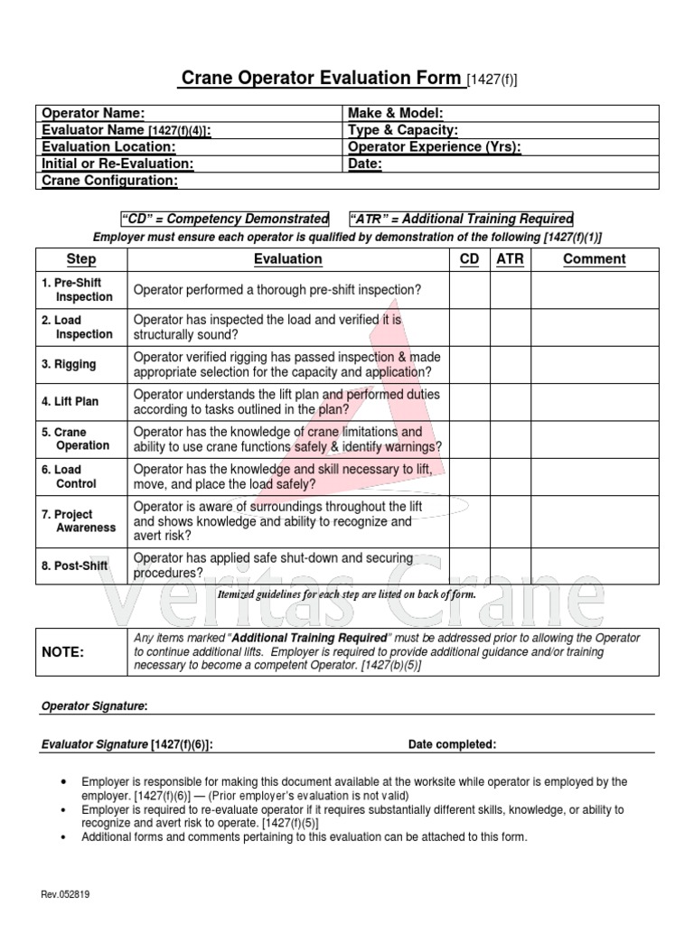 Veritas Crane Operator Evaluation Form Rev.052 | PDF | Crane (Machine ...
