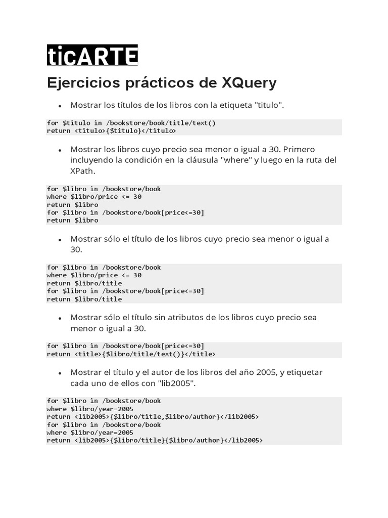 Ejercicios Prácticos de XQuery Ticarte | PDF | Business | Informática y tecnología de la información
