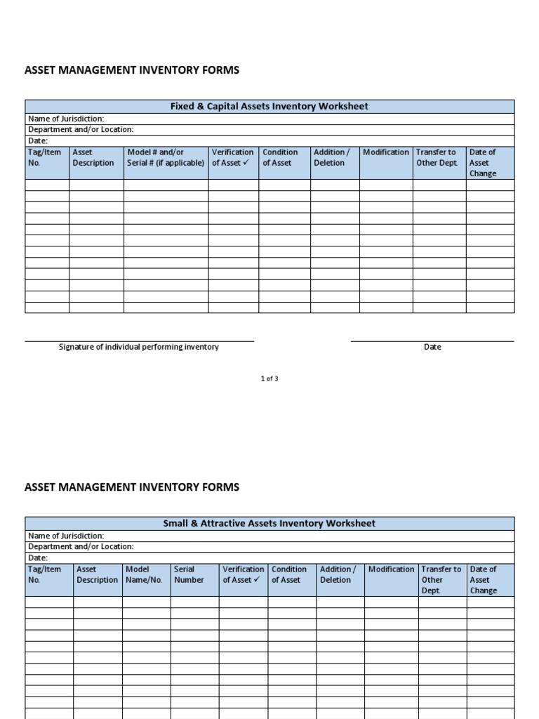 Asset Management Inventory Forms: Fixed & Capital Assets Inventory ...