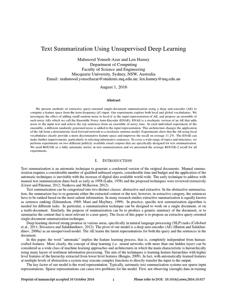 Text Summarization Using Unsupervised Deep Learning | PDF | Deep ...
