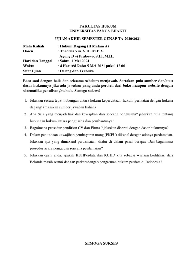 Ujian Hukum Dagang FH UPB | PDF | Hukum