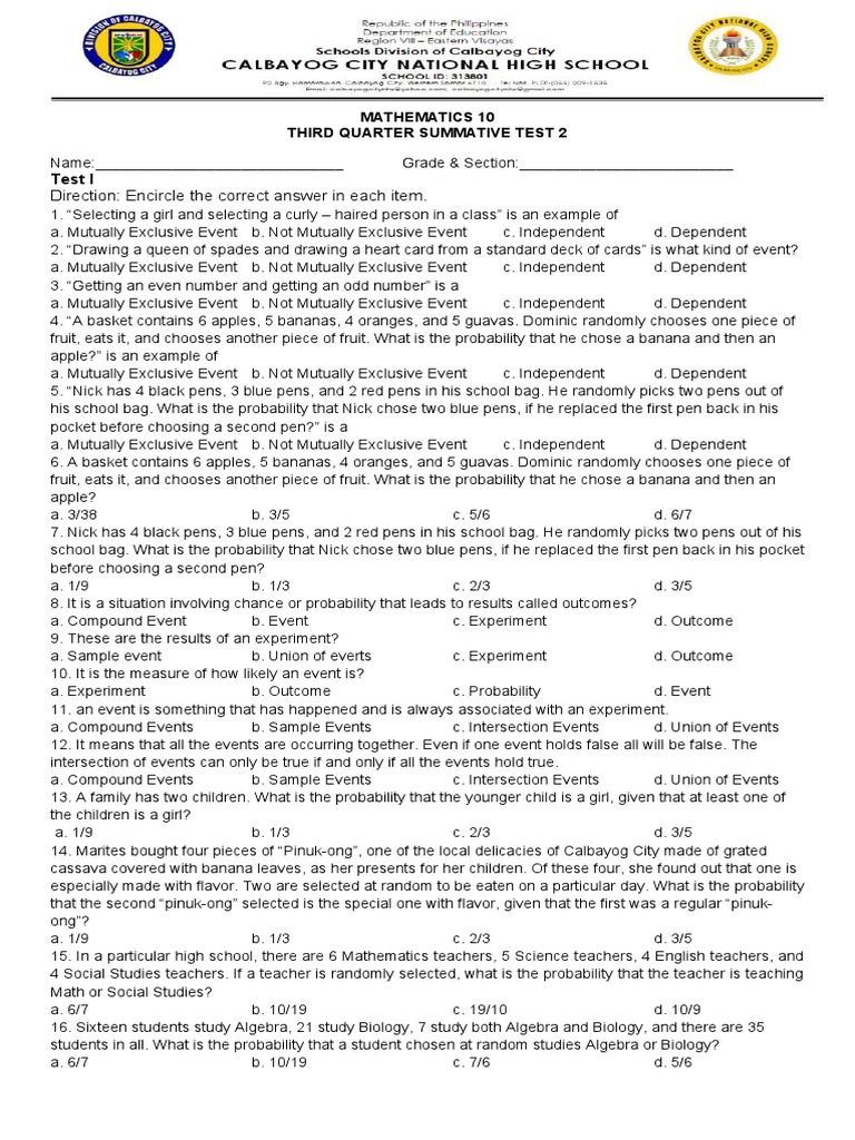 Math 10 2nd Summative 3rd Quarter | PDF | Odds | Probability