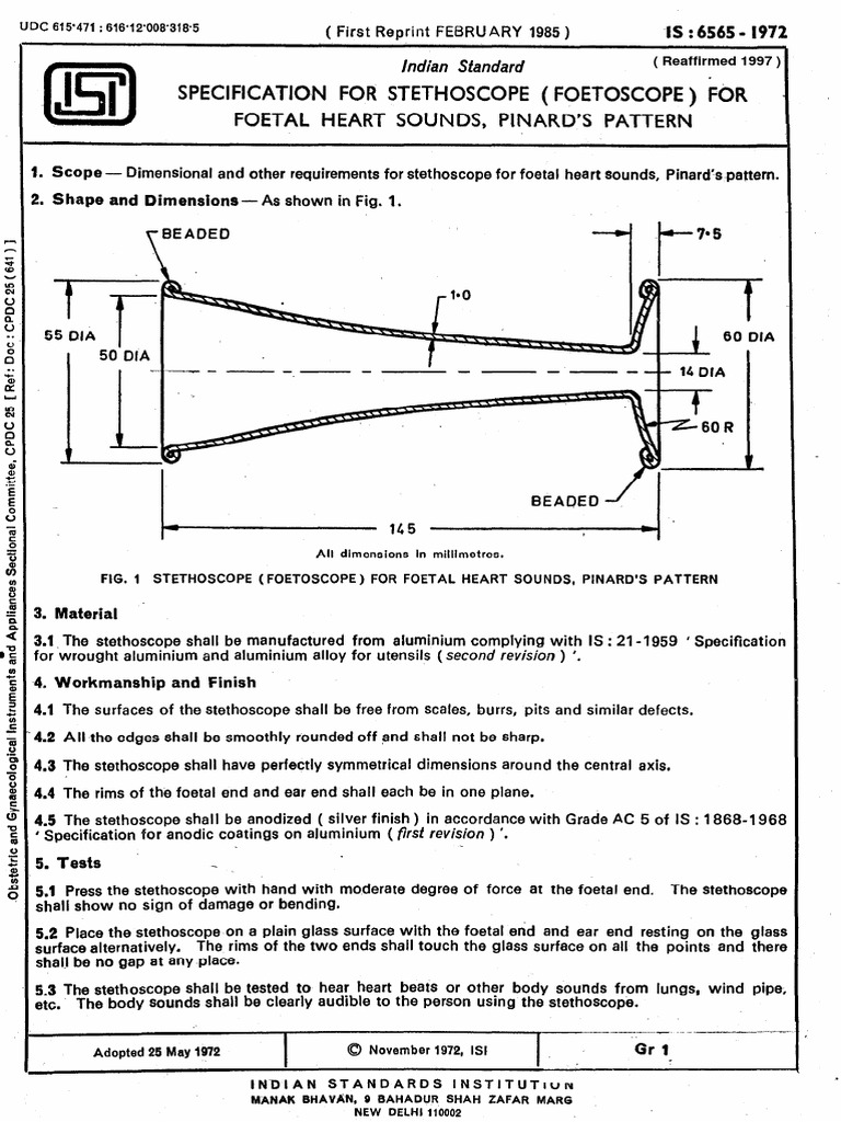 Specification For Stethoscope (Foetoscope) BR Foetal Heart Sounds ...