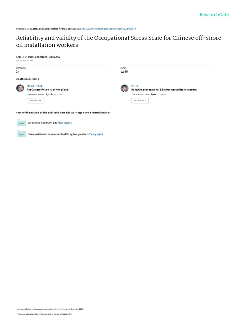 Reliability and Validity of The Occupational Stress Scale For Chinese Off Shore Oil Installation ...