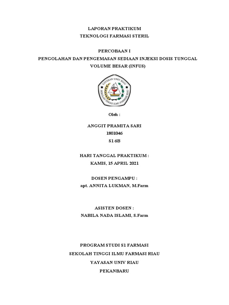 Anggit Pramita Sari - 1801046 - S1 6B - Laporan Prak. Tekfar Steril Objek 1 | PDF