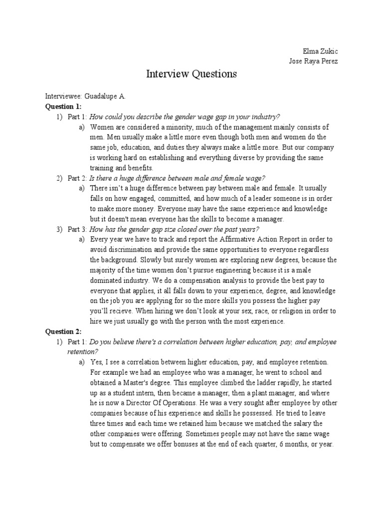 Interview Questions Deliverable 2 | PDF | Parental Leave | Gender Pay Gap