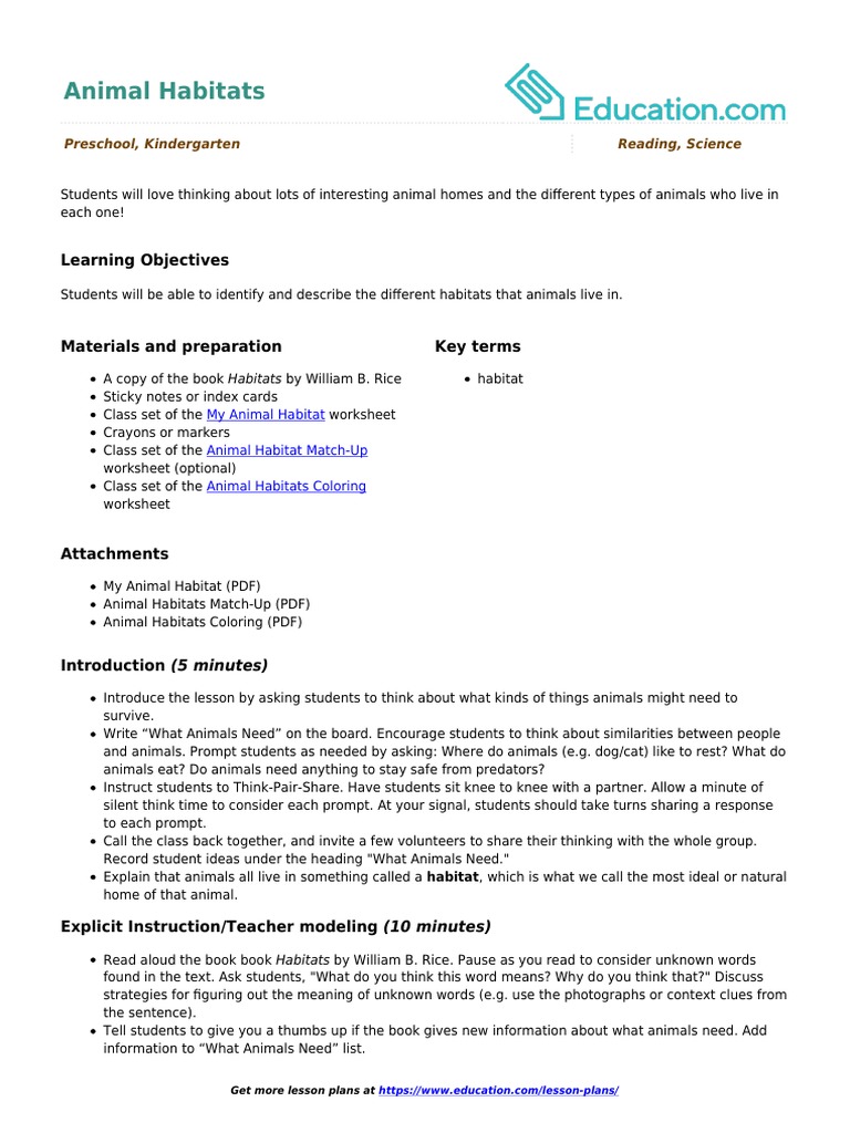 Animal Habitats: Learning Objectives | PDF | Habitat | Lesson Plan