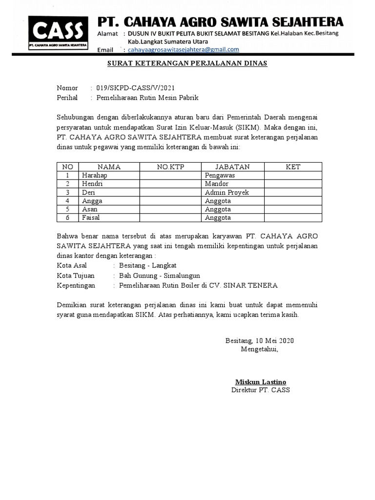 Surat Keterangan Perjalanan Dinas | PDF