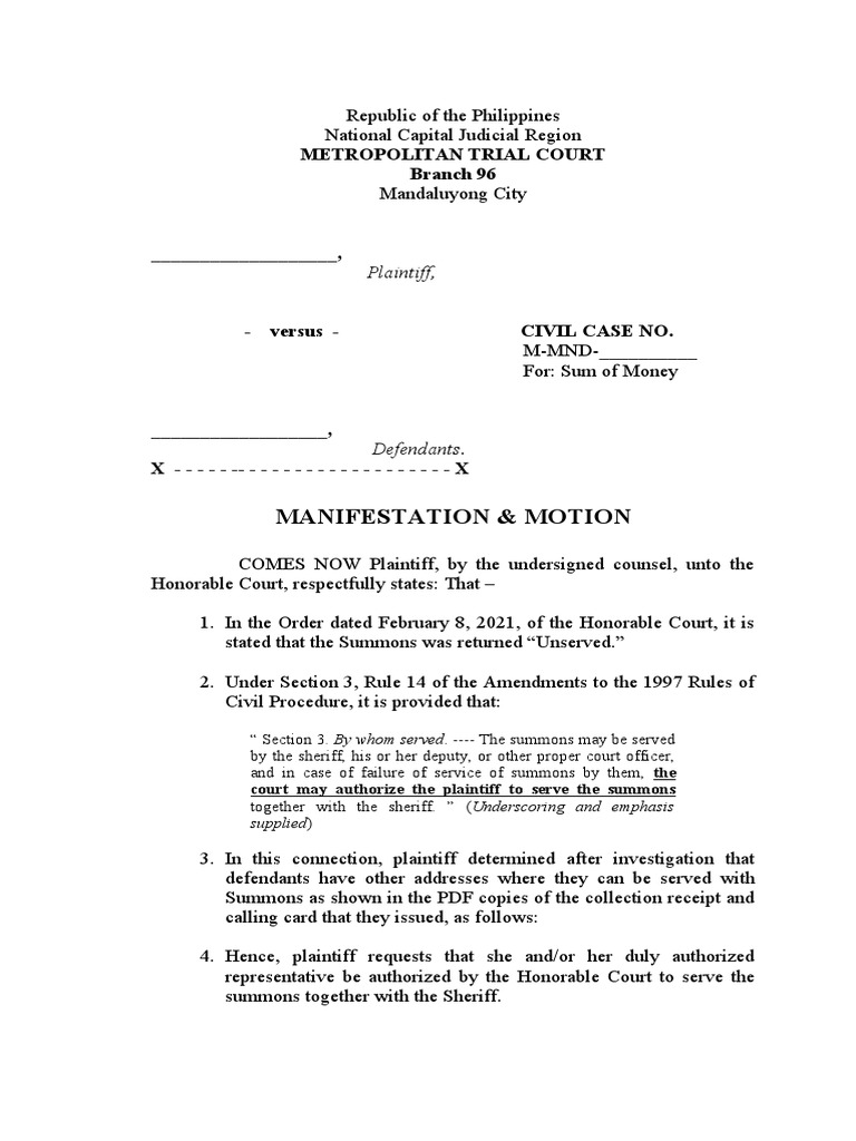 Manifestation & Motion Service Summons | PDF | Summons | Plaintiff