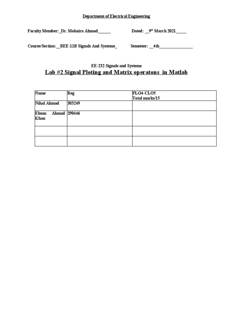 Lab 2 Signal Ploting And Matrix Operatons In Matlab Pdf Matrix