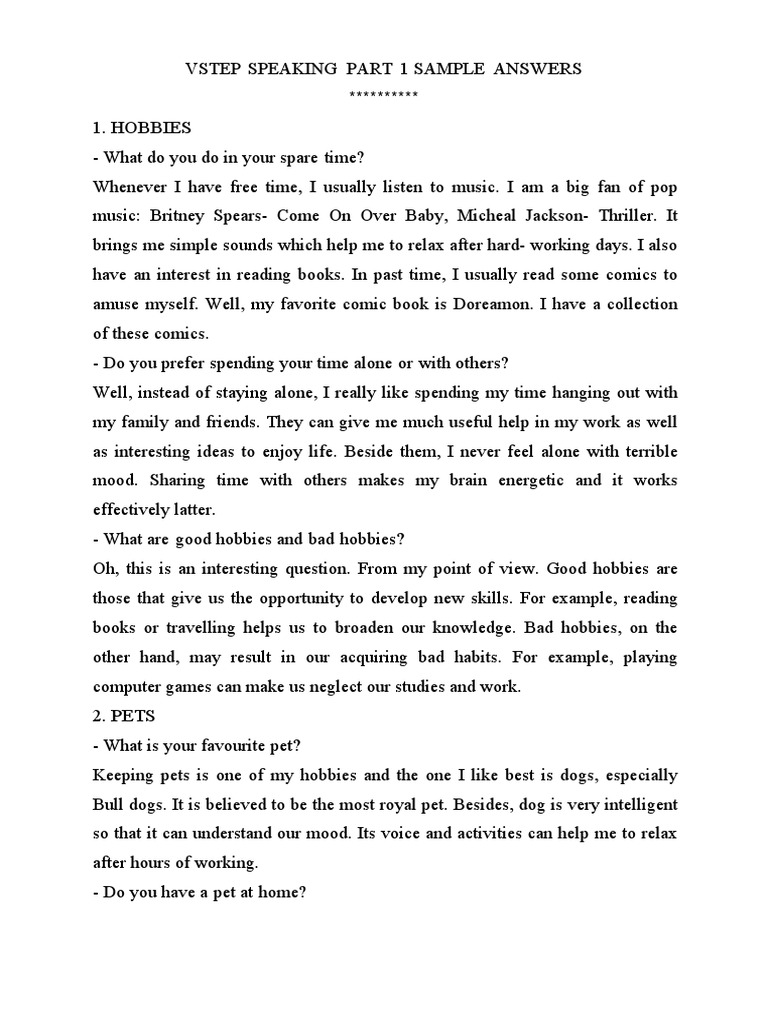 Vstep Speaking Part 1 Sample Answers | PDF | Meal | Foods