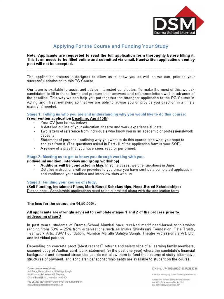 DSM Application Guidance, Fees and Scholarship Information & Form 2020 | PDF | Audition ...