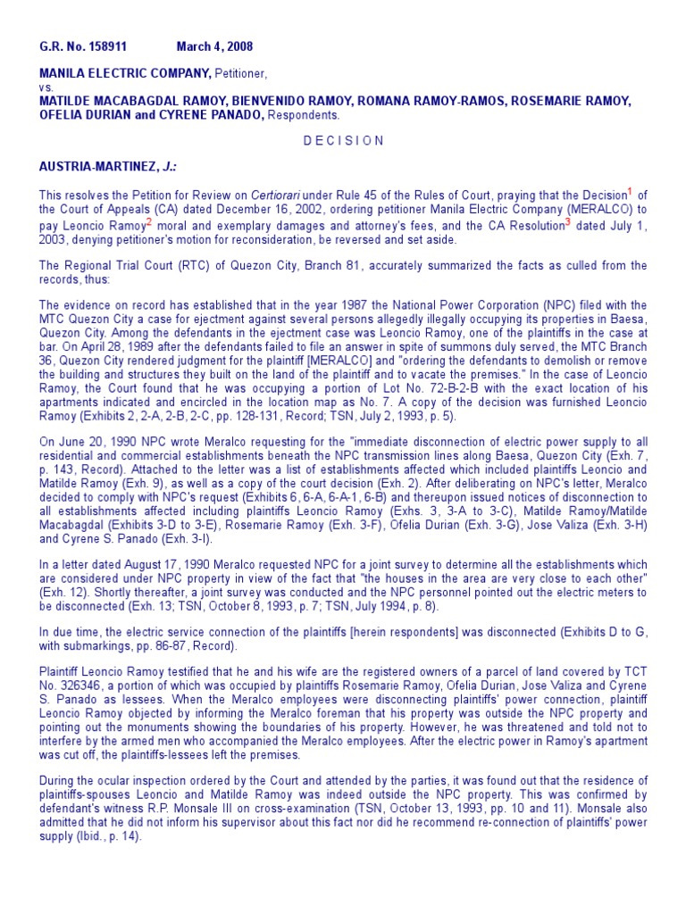 MERALCO vs. Ramoy: Ejectment Case Ruling | PDF | Damages | Costs In English Law