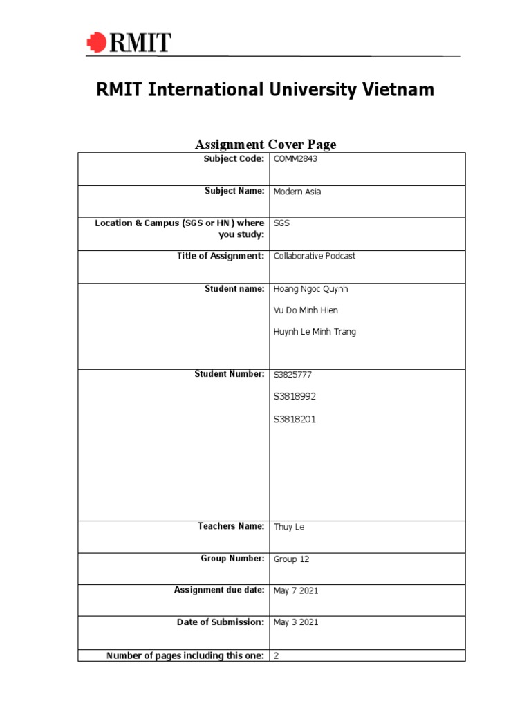 RMIT International University Vietnam: Assignment Cover Page | PDF