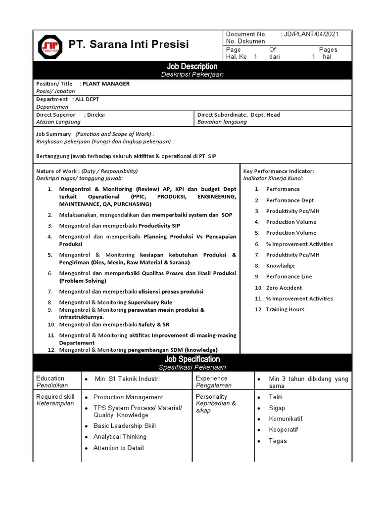 Deskripsi Pekerjaan Plant Manager | PDF | Bisnis | Komputer