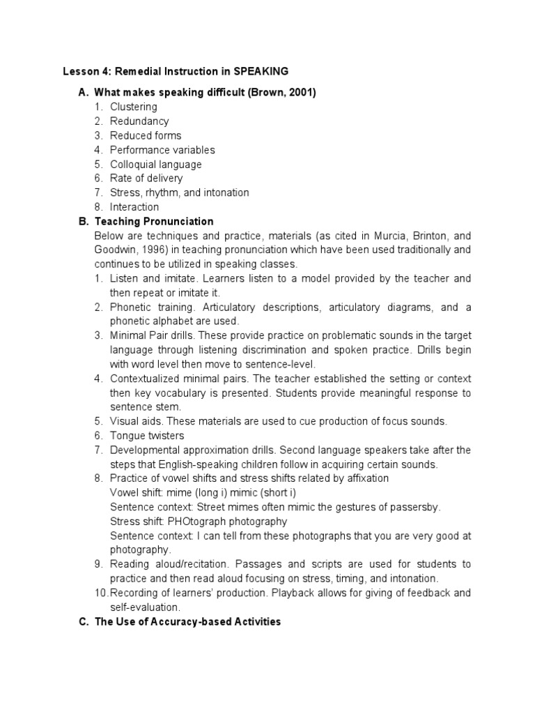 Lesson 4 Remedial Instruction in SPEAKING | PDF | Stress (Linguistics ...