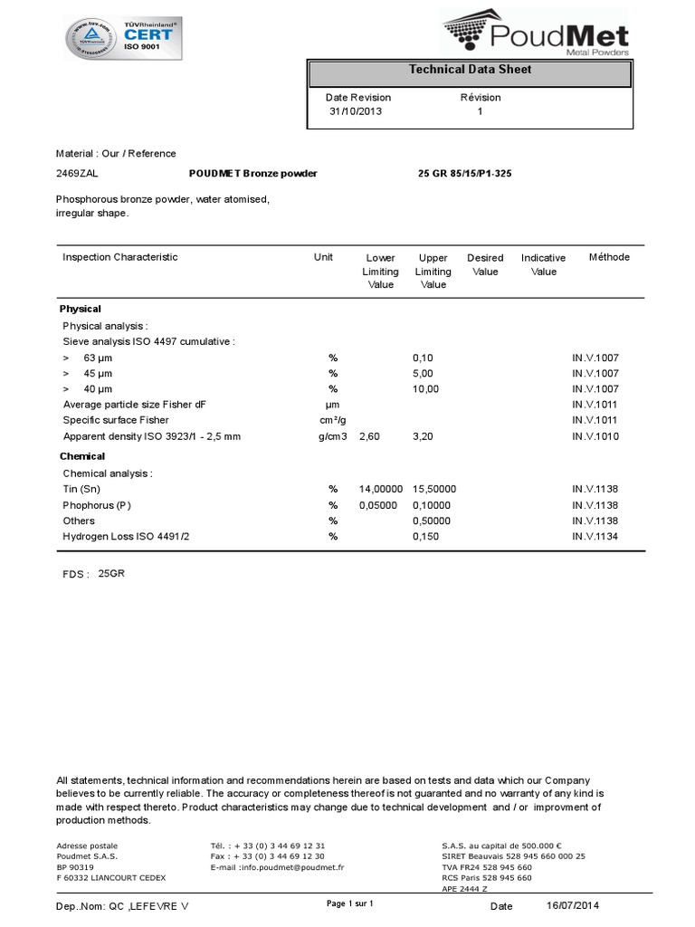 POUDMET Bronze Powder 25 GR 85/15/P1-325: Technical Data Sheet ...