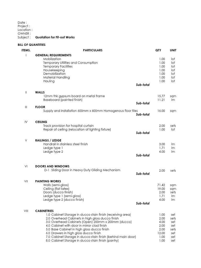Sample Boq For Fit Out Works | PDF | Door | Cabinetry